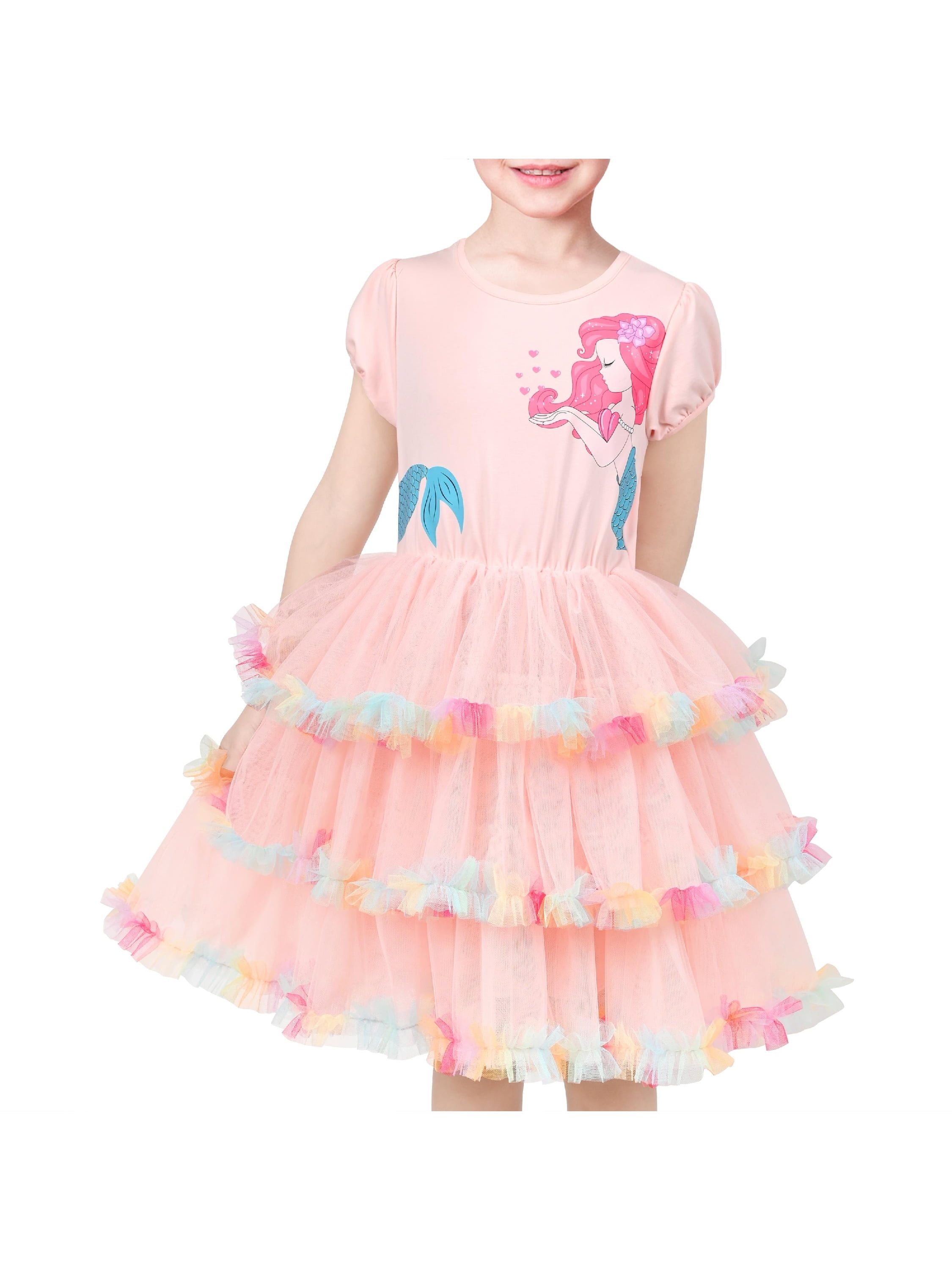 Girls Dress Pink Mermaid Rainbow Princess Layered Ruffle Puff Tulle 7 ...