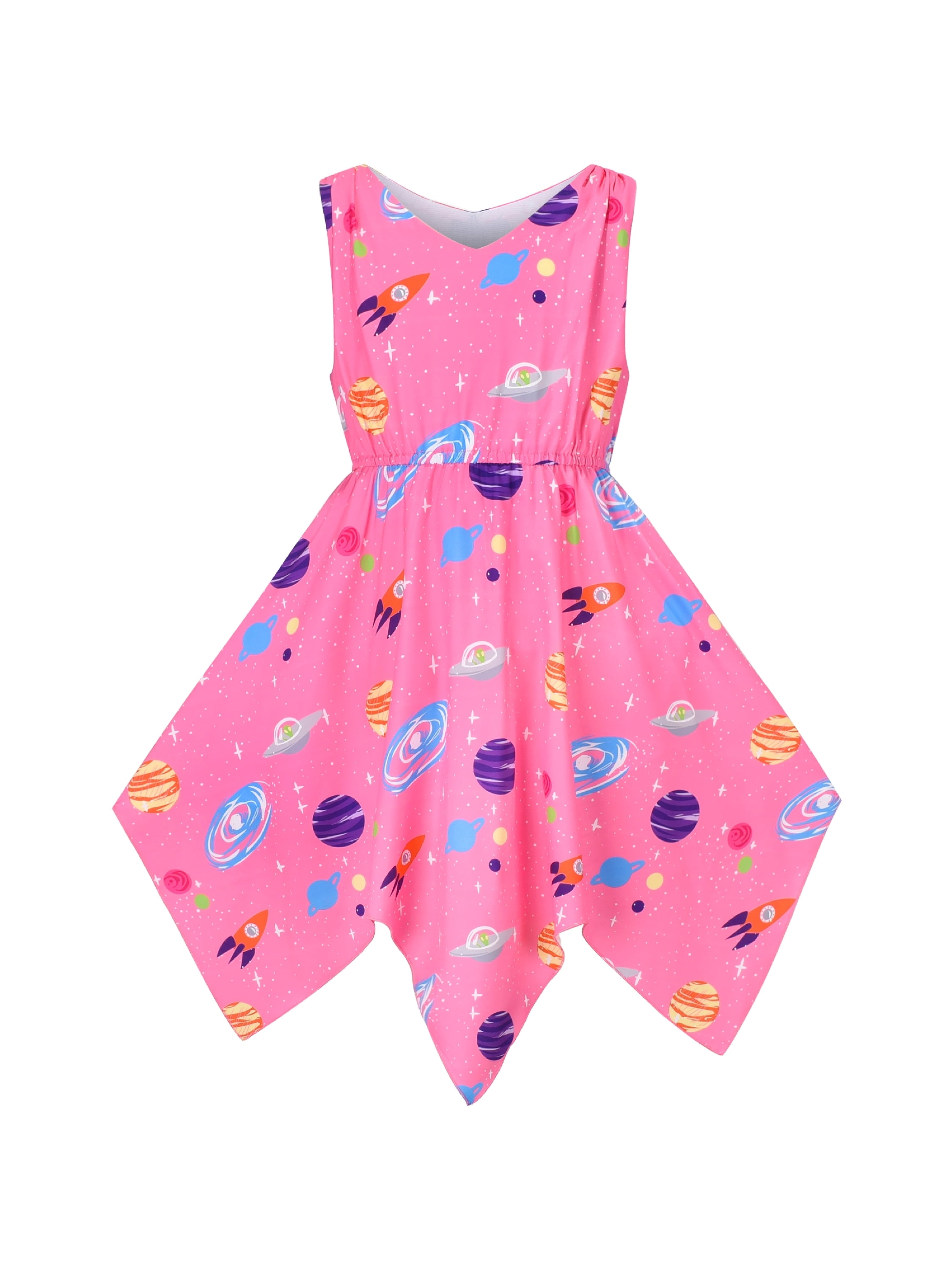 Girls Dress Pink Space Star Rocket Planet Hanky Hem Unicorn 7 Years ...