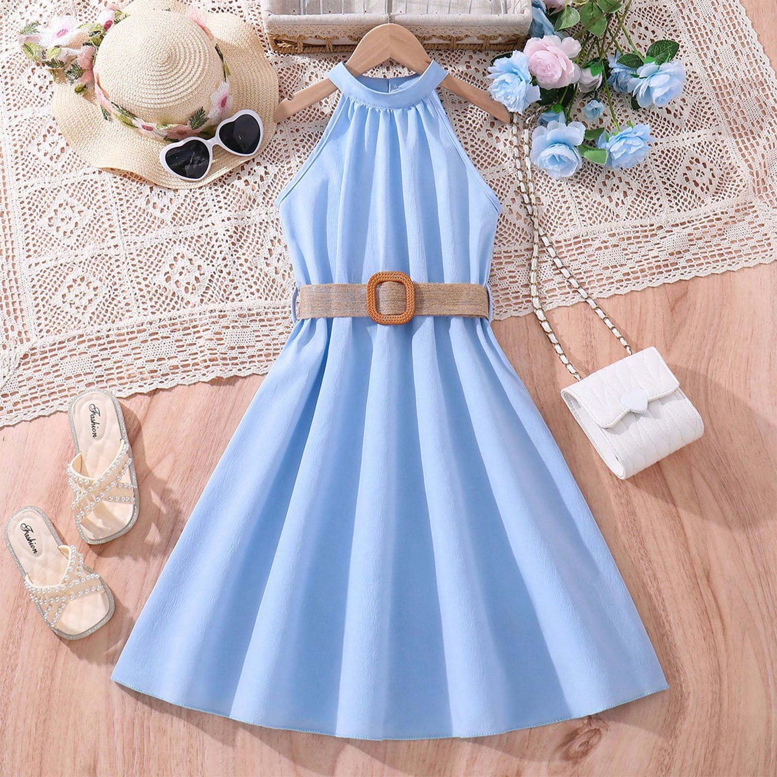 Girls' Dress Plain Sleeveless Waist Collection Sundress Princess Dress ...