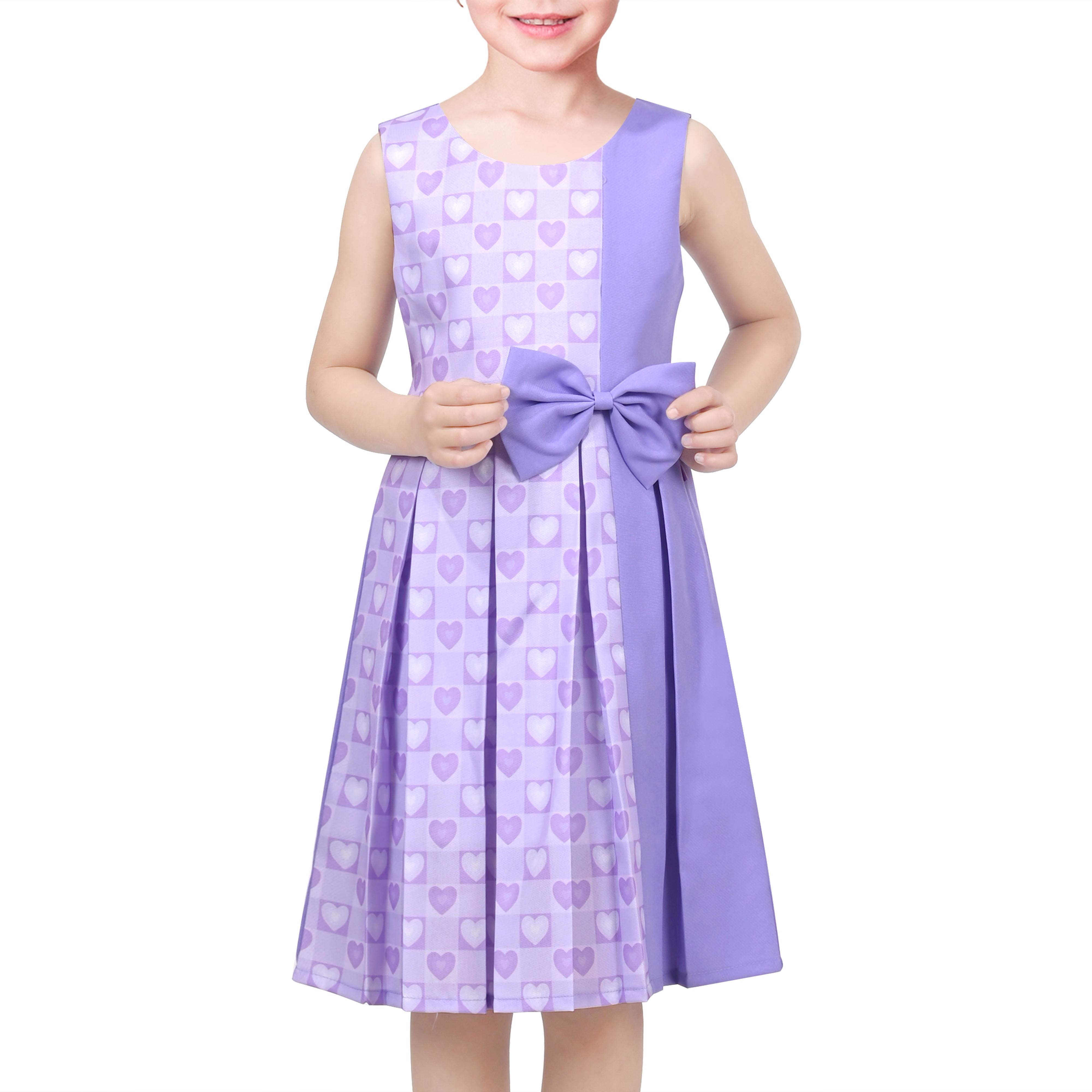 Girls Dress Purple Color Contrast Heart Bow Sleeveless School Casual 8 ...