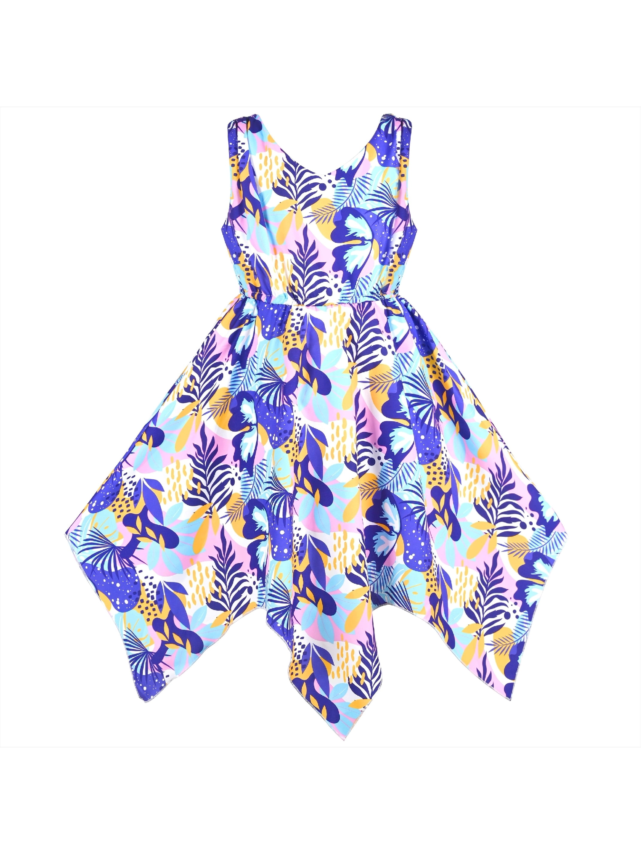 Girls Dress Purple Tropical Leaf Hanky Hem Summer Sundress Party Beach ...