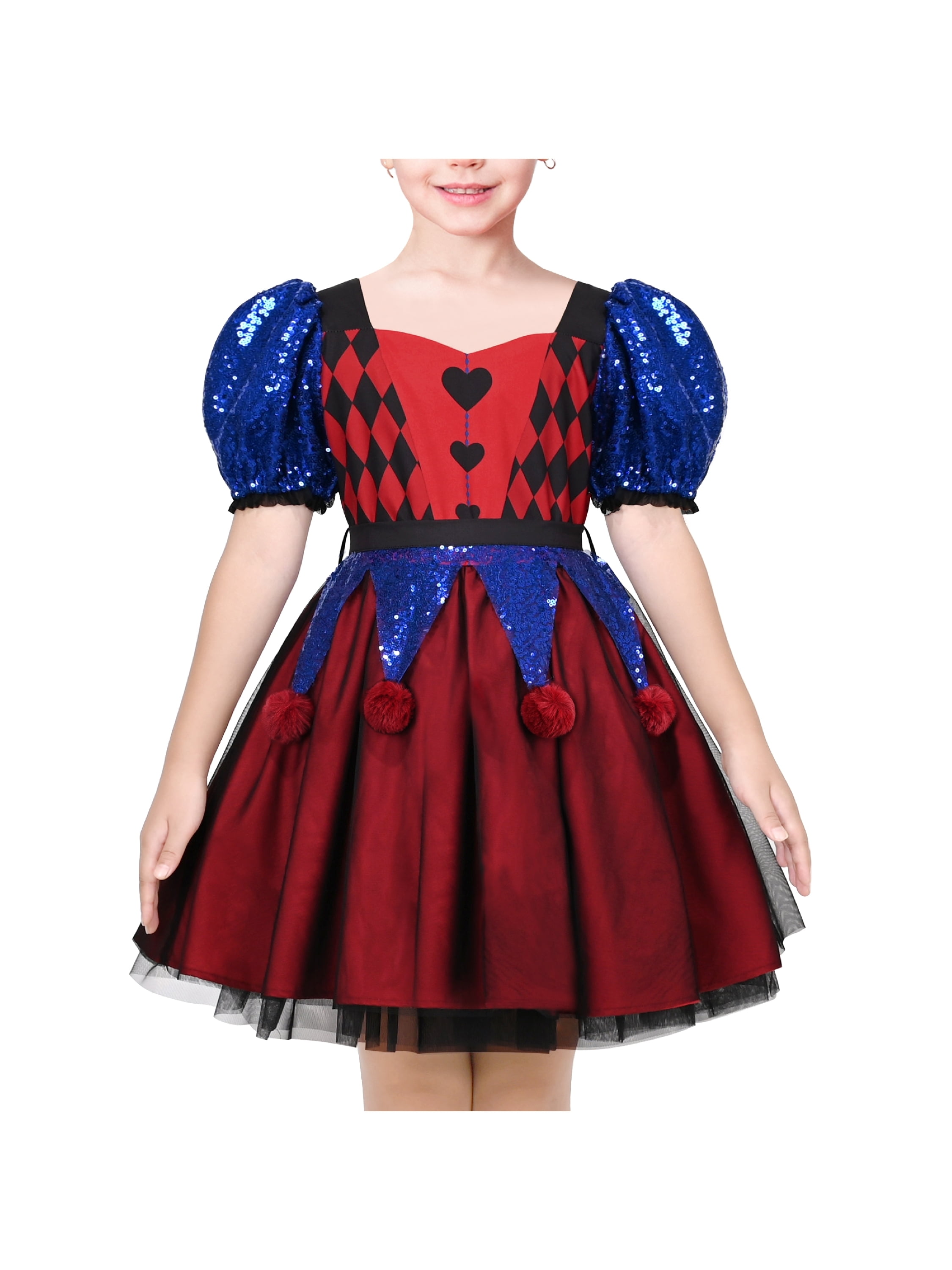 Girls Dress Red Blue Clown Check Heart Halloween Party Puff Sleeve ...