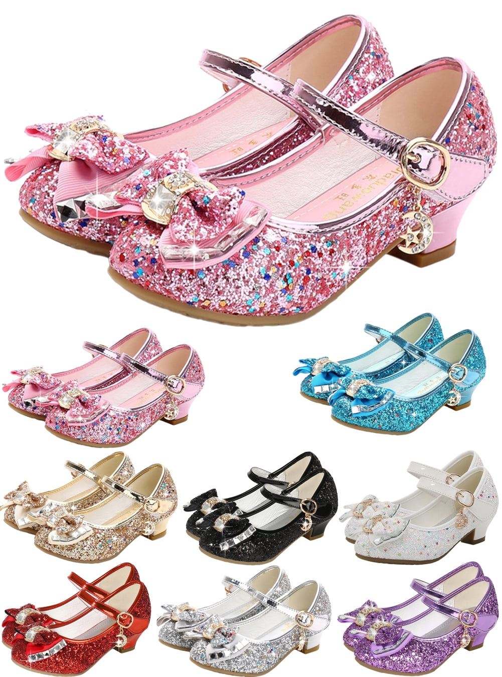 Girls Dress Shoes Crystal Sparkle Mary Jane Flats Princess Heels for ...