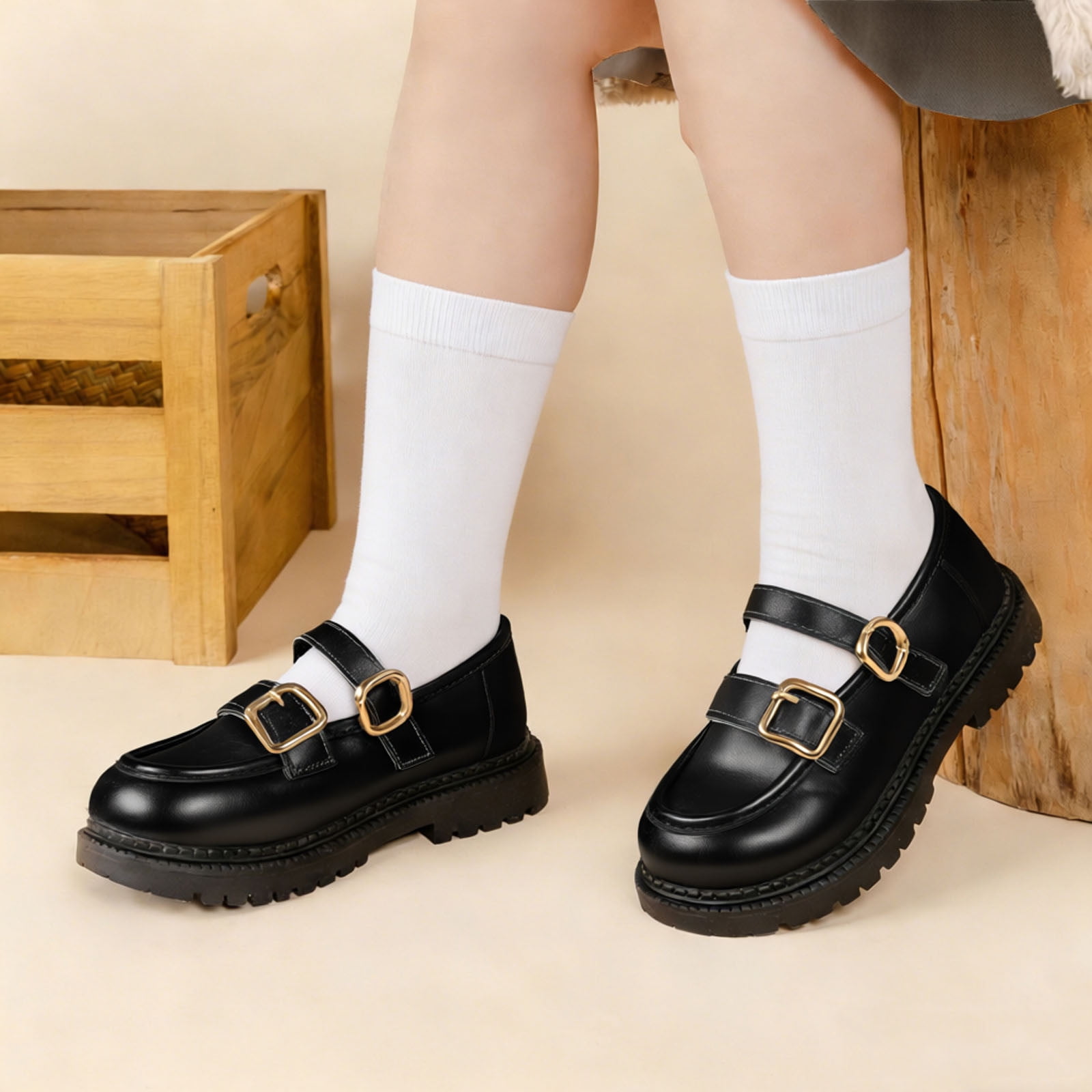 Girls Dress Shoes Loafers Soft Sole PU Leather Hook and Loop Shoes ...