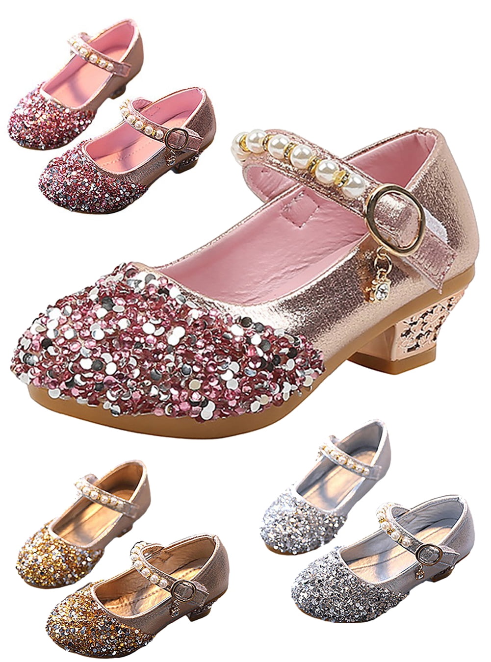 Girls Dress Shoes Princess High Heel Mary Jane Glitter Shoes in Wedding ...