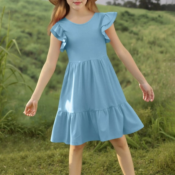 Girls Dress Summer Kids Cute Casual Ruffle Sleeve Crew Neck Tiered ...