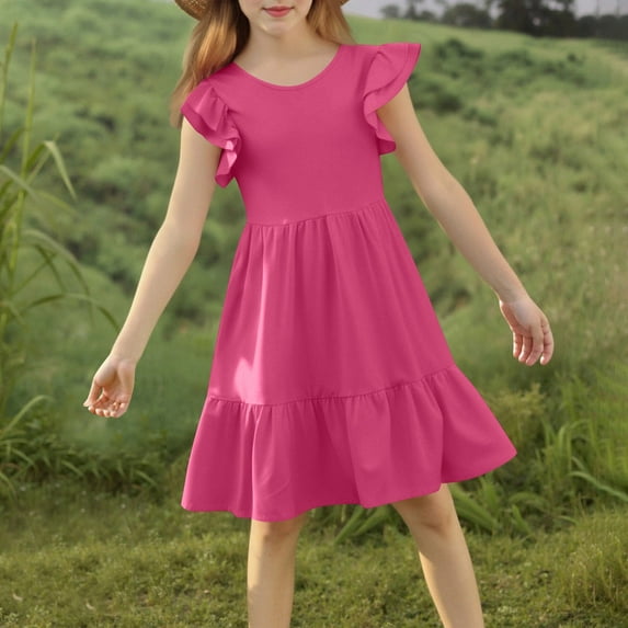 Girls Dress Summer Kids Cute Casual Ruffle Sleeve Crew Neck Tiered ...