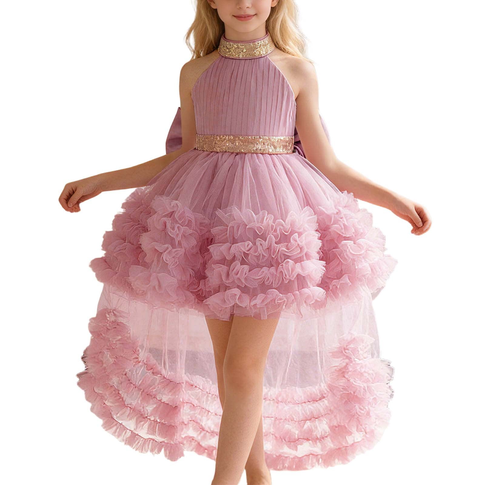 Girls Dress With Train Tiered Neck Gown For Pageant Recital Performance ...