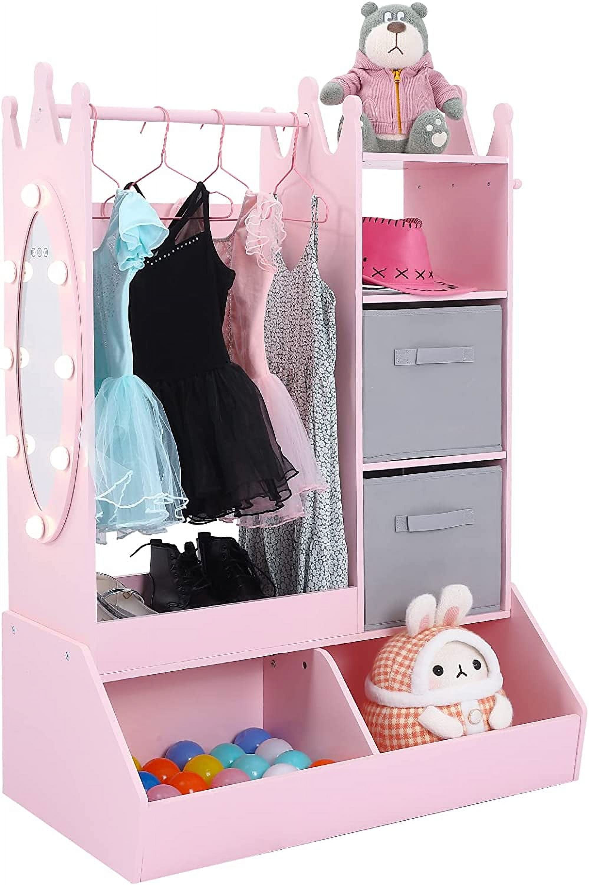 Joyspirit Girls' Wardrobe Closet, Toddler Cabinet with Mirror Light ...
