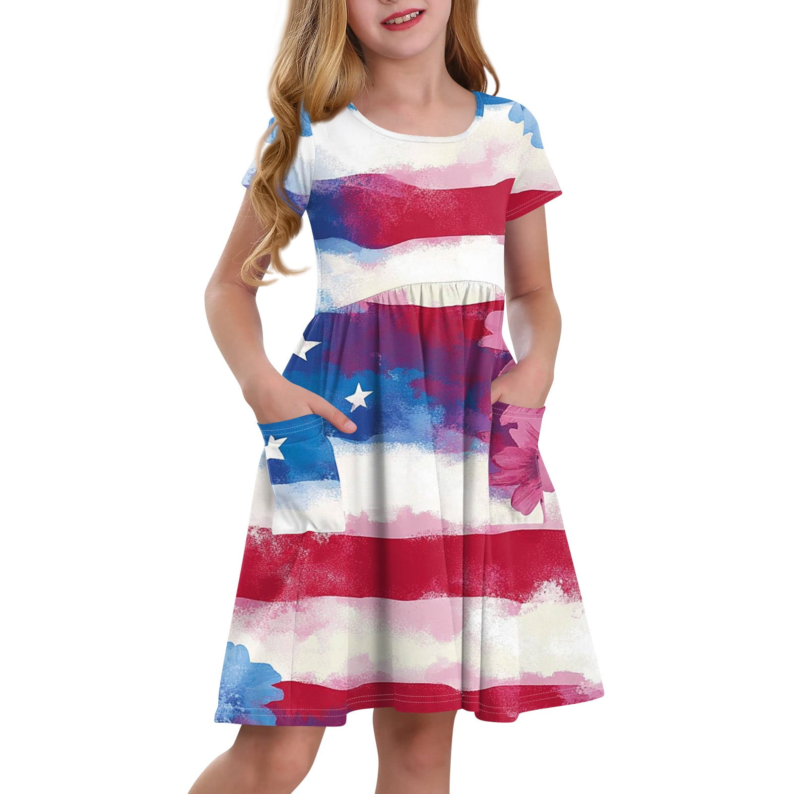 Girls Dresses American Flag Dresses Patriotic Short Sleeve Independence ...