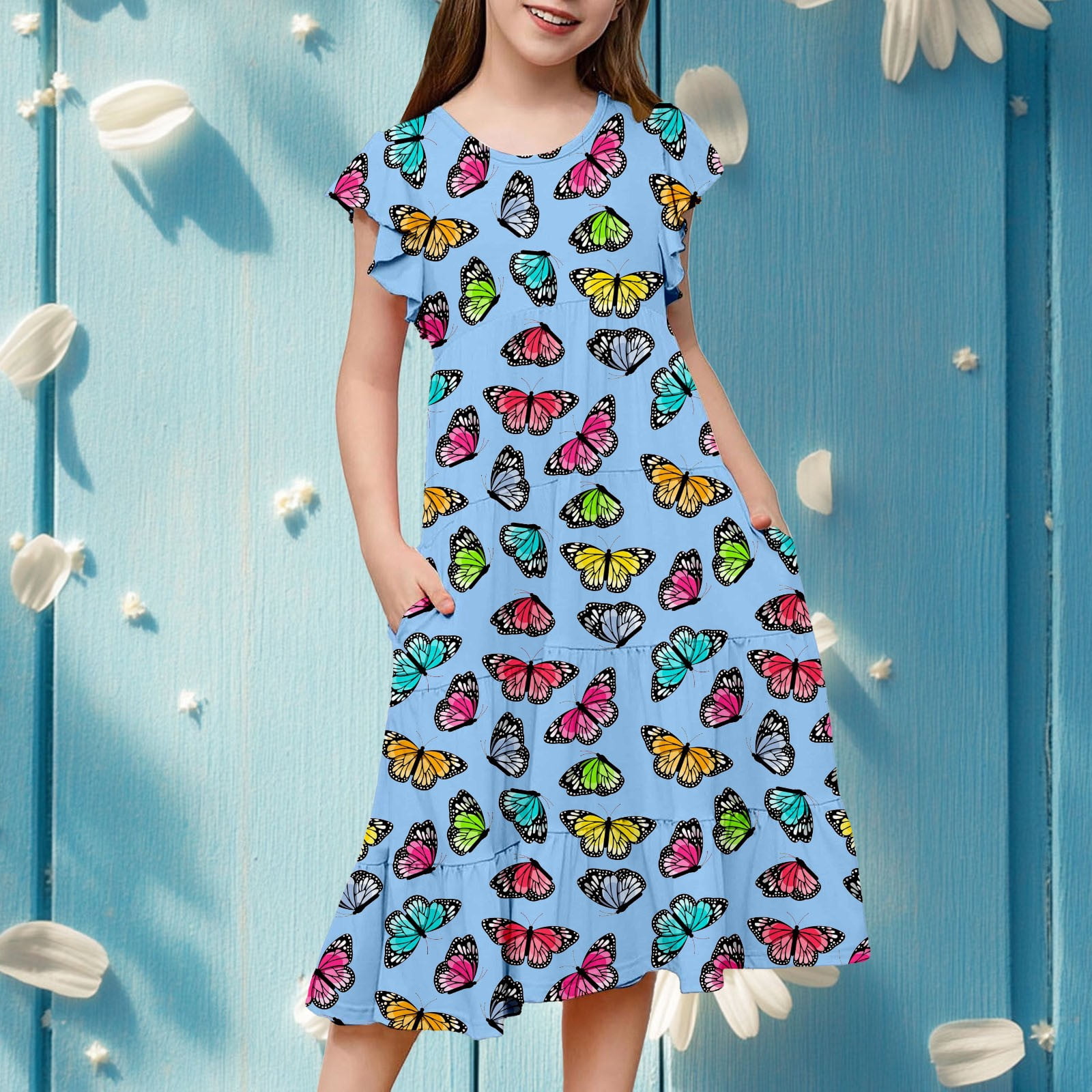 Girls' Dresses Casual Flutter Sleeve Colorful Print Tiered Stretchy ...