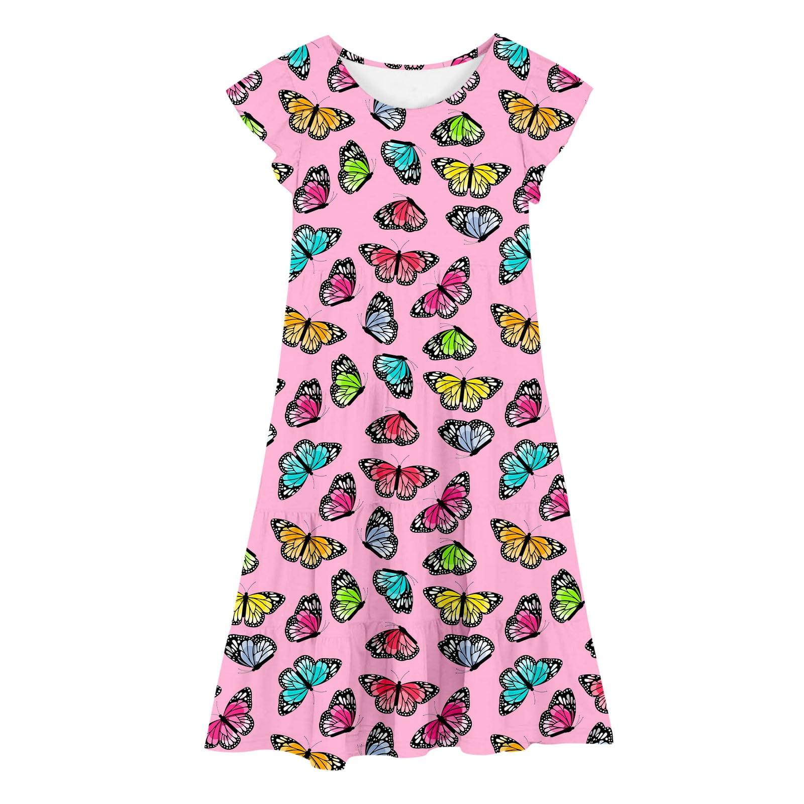 Girls Dresses Casual Party Flutter Sleeve Colorful Print Tiered Dress ...