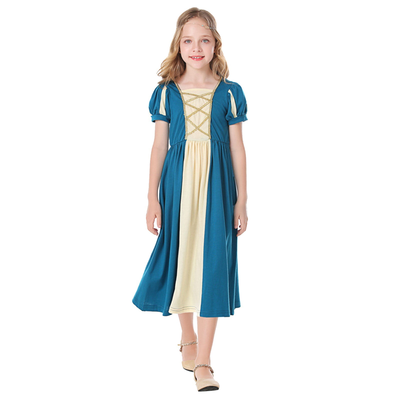 Peasant Style Medieval Dress for Girls – Colonial Print Party Gown Ages ...