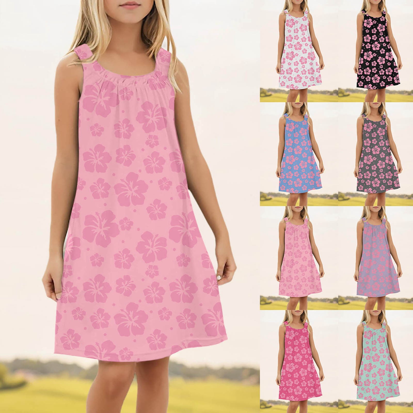 Girls Dresses Flower Print Crewneck Spaghetti Strap Summer Dresses ...
