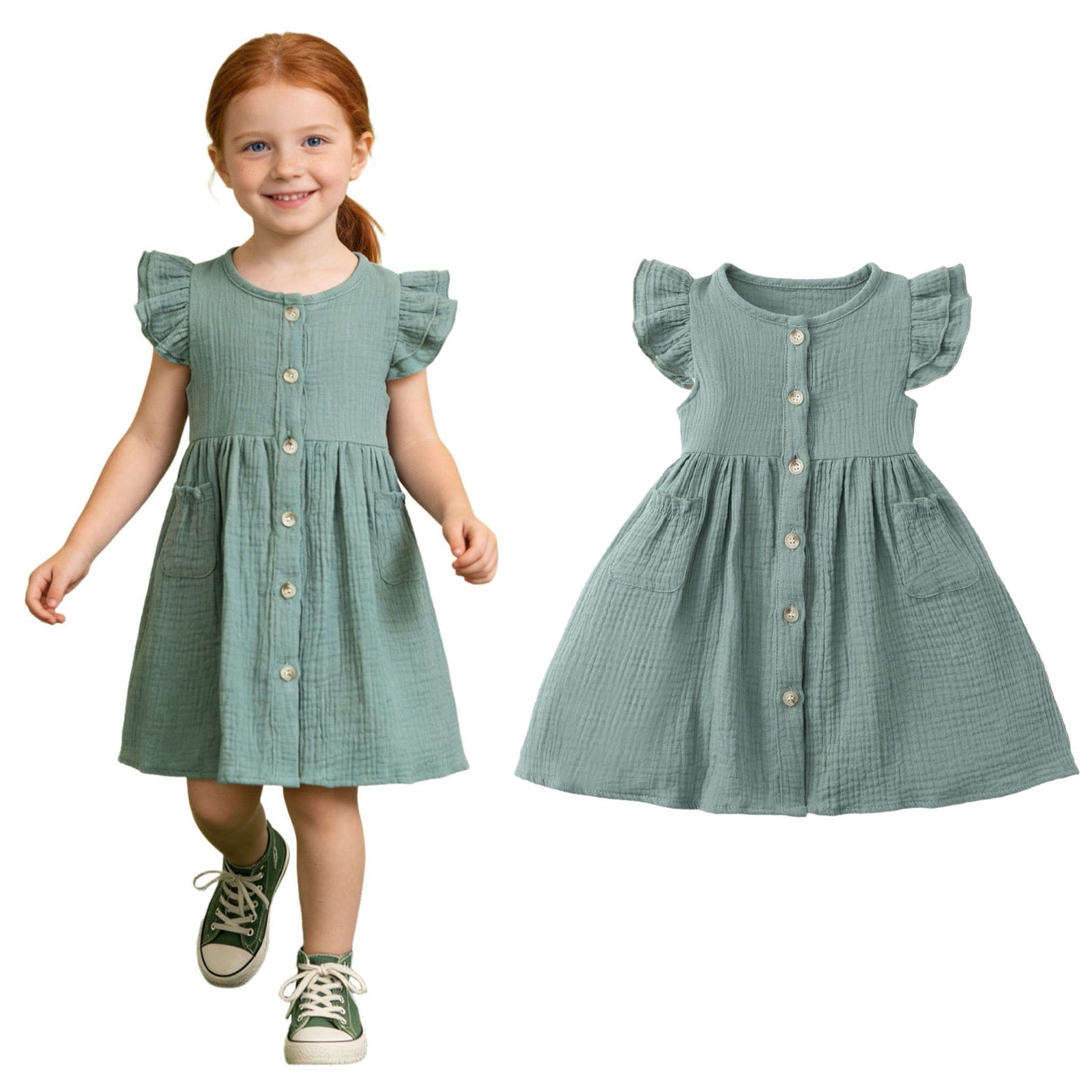 Girls Dresses Flutter Sleeve A Line Swing Dresses Kids Dresses 5-6 ...