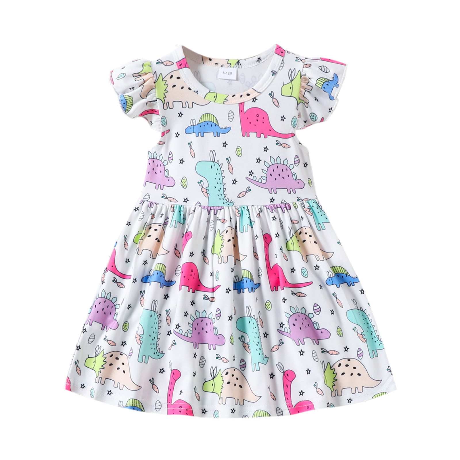 Girls Dresses Fly Sleeve Cartoon Dinosaur Prints Holiday Party Dress ...