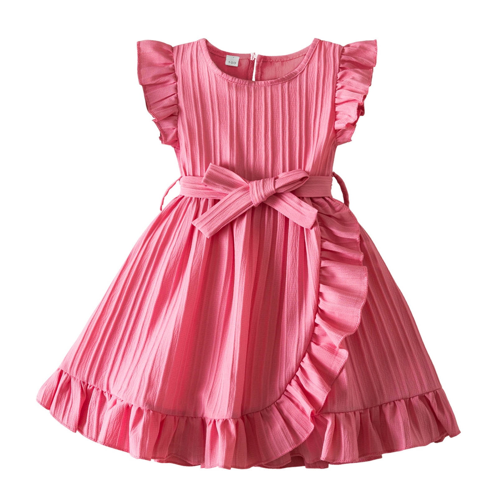 Girls Dresses Fly Sleeve Solid Color Ruffles Bowknot Lace Up Dresses ...