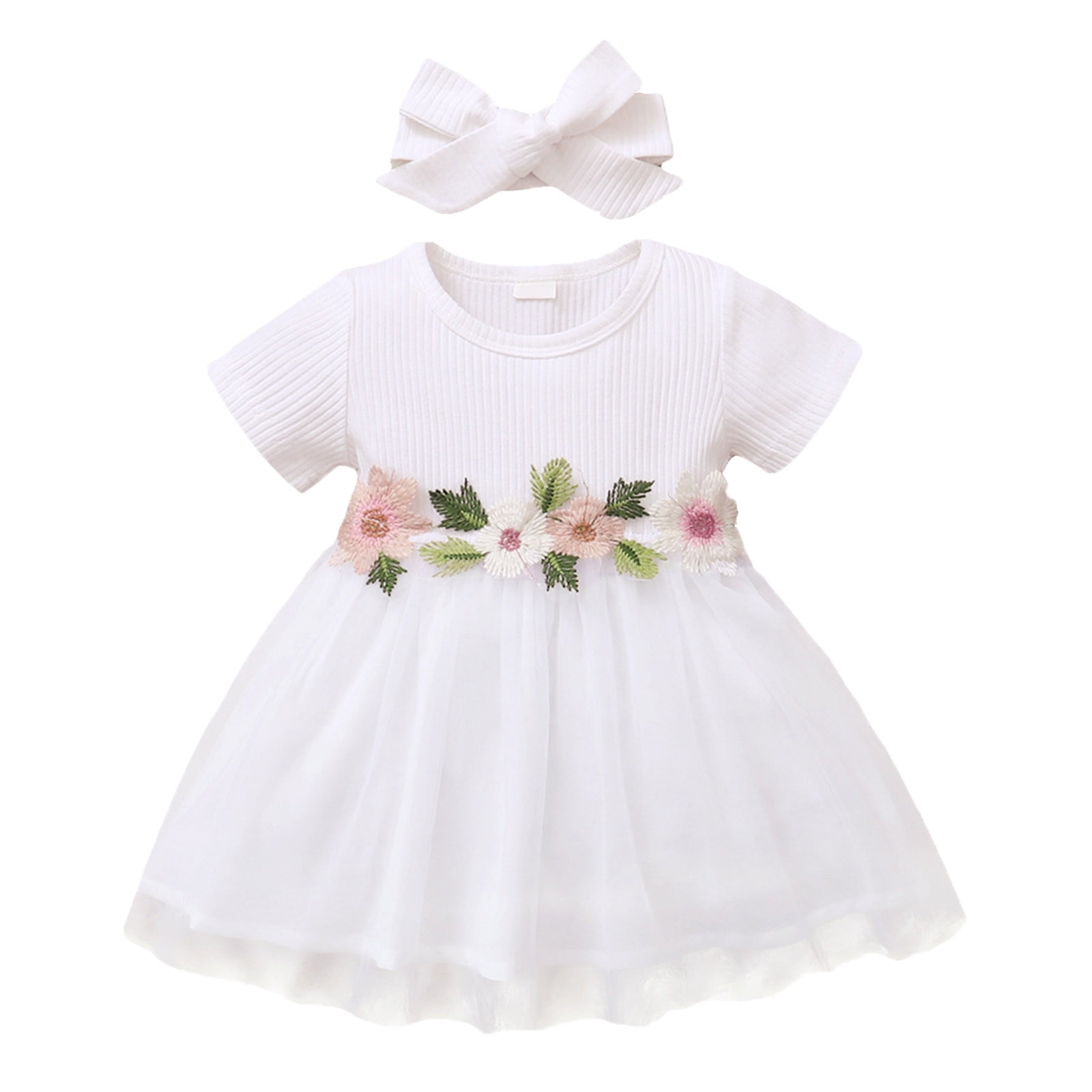 Girls Dresses Kids Floral Ribbed Short Sleeve Mesh Embroidered Tulle ...