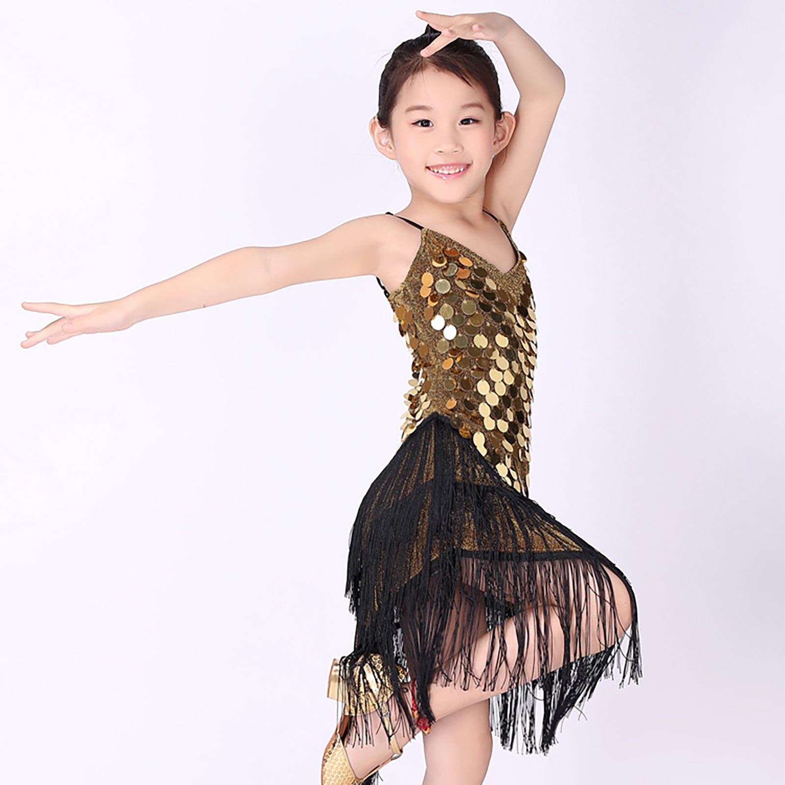 Girls Dresses Latin Dance Sequin Solid Print V Neck Sleeveless Tassel ...
