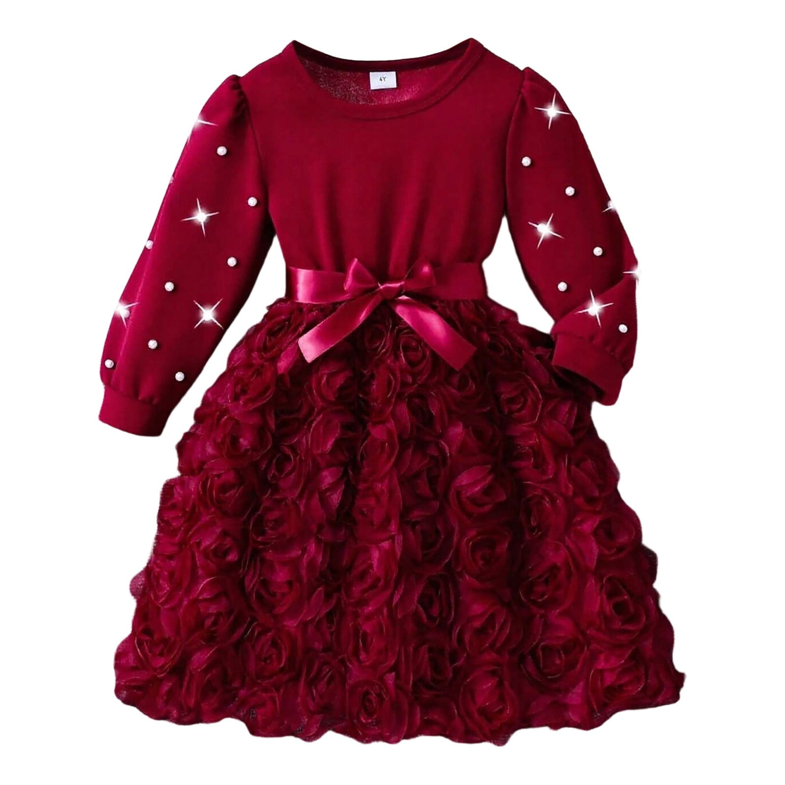 Girls' Dresses Long Sleeve 3D Floral Pearl Elegant Solid Color Toddler ...