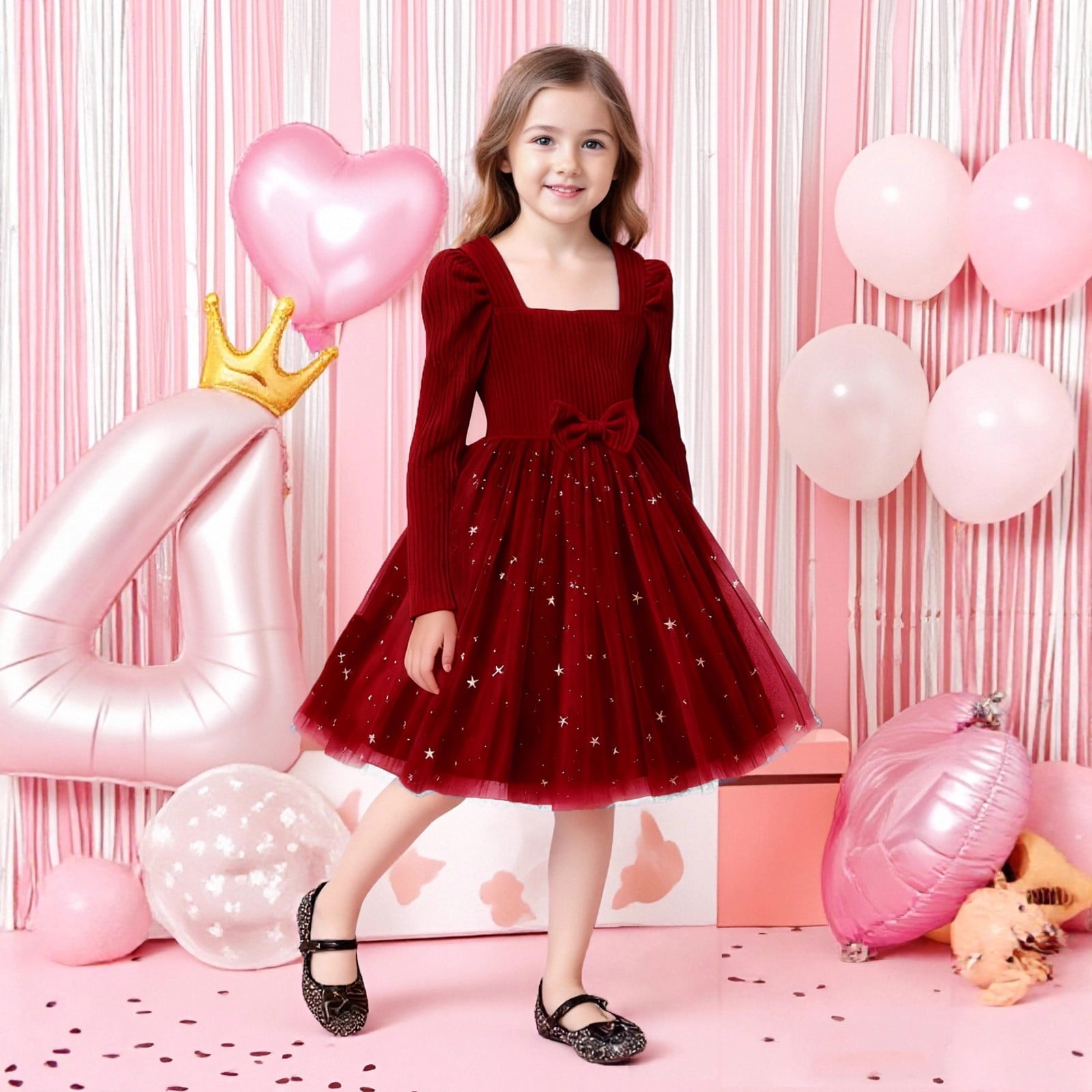 Girls Dresses Long Sleeve Bow Tie Tiered Layered A-Line Party Autumn ...