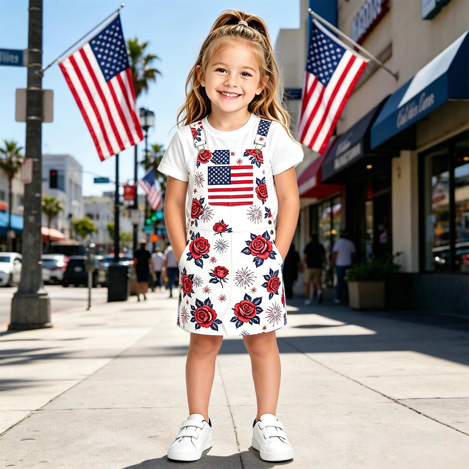 Girls Dresses Patriotic USA Flag Print Suspender Dress Summer Casual ...