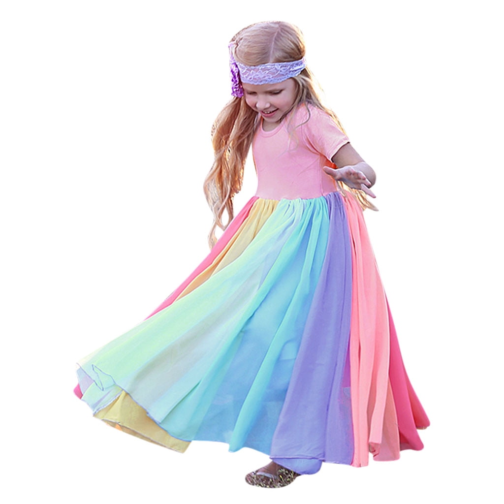 Girls Dresses Rainbow Gown Princess Party Splice Pageant Birthday Girls ...