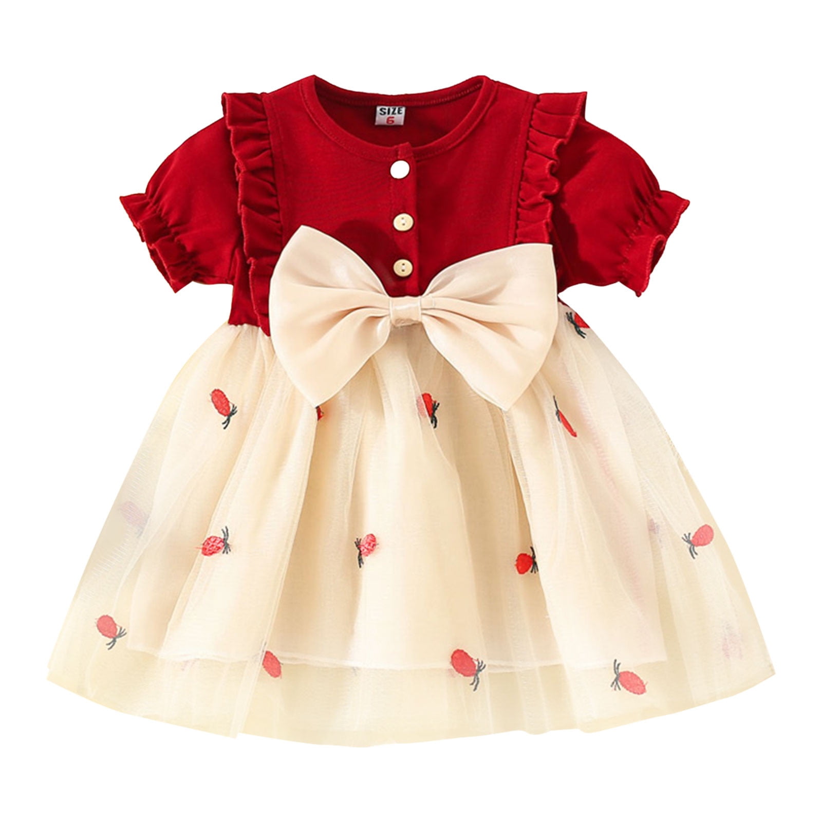 Girls Dresses Short Sleeve Bowknot Fruits Prints Tulle Princess Dance ...
