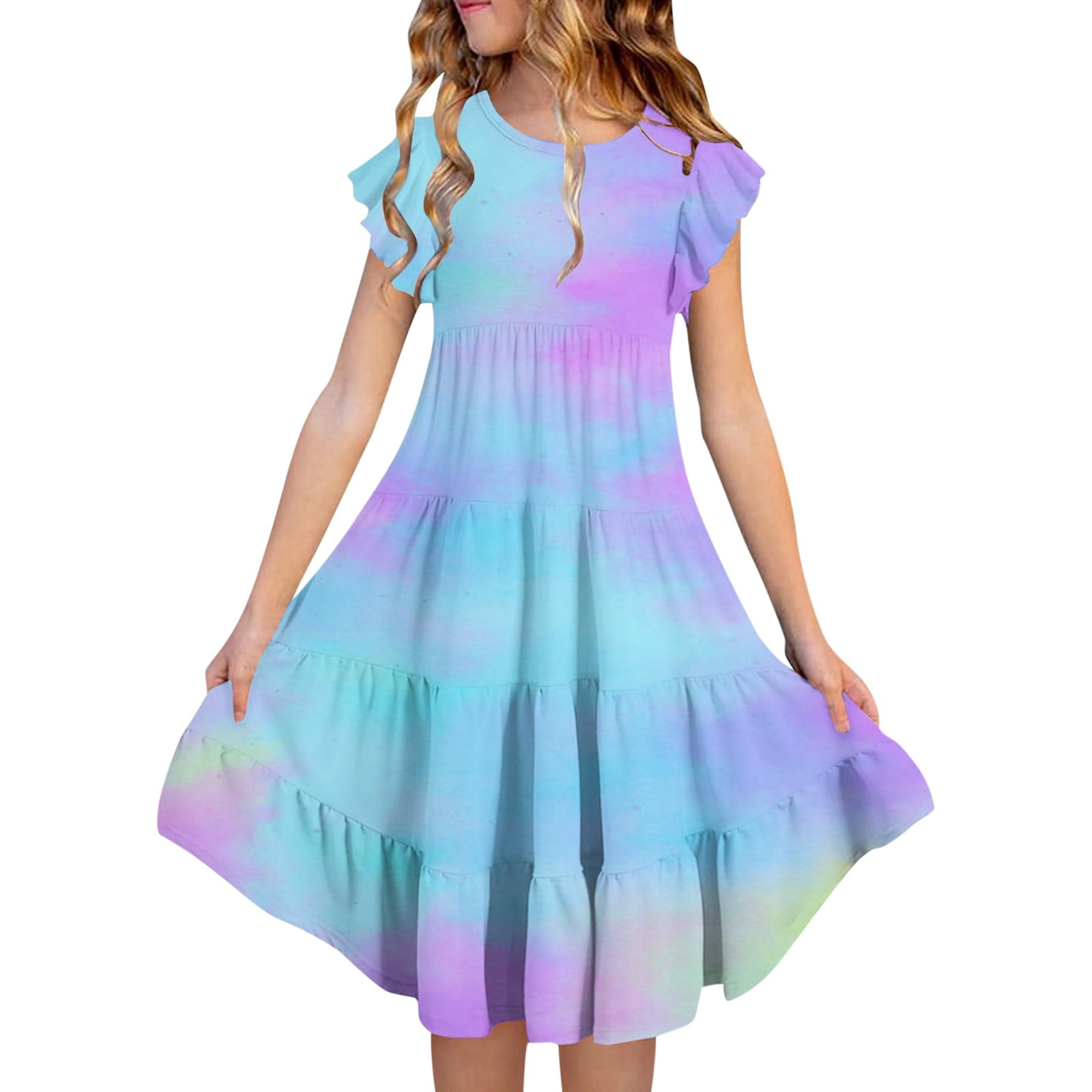 Girls Dresses Size 14-16 Gradient Print Double Layer Flutter Sleeve ...