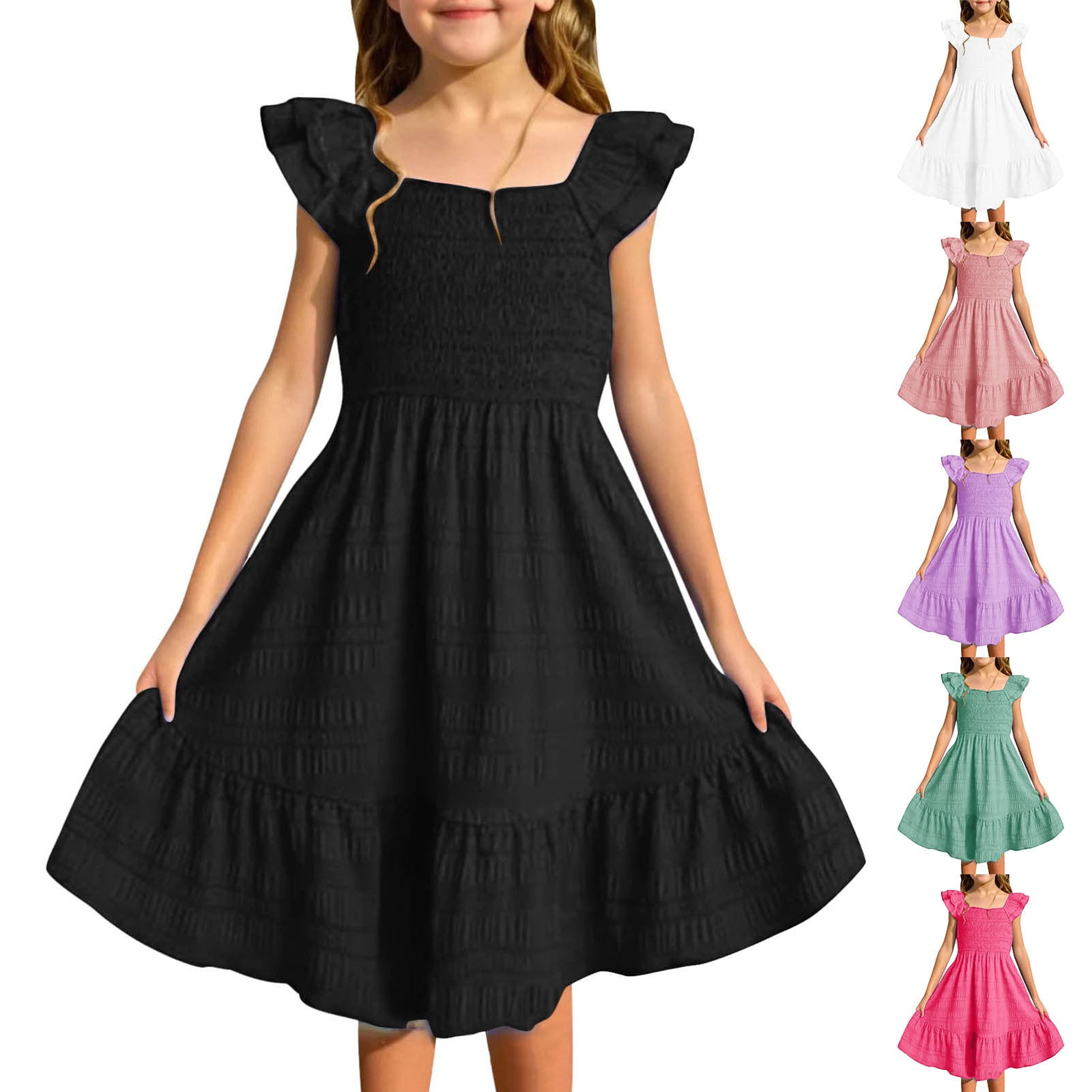 Girls Dresses Size 8 Flutter Sleeve a Line Short Dress High Waist Swing ...
