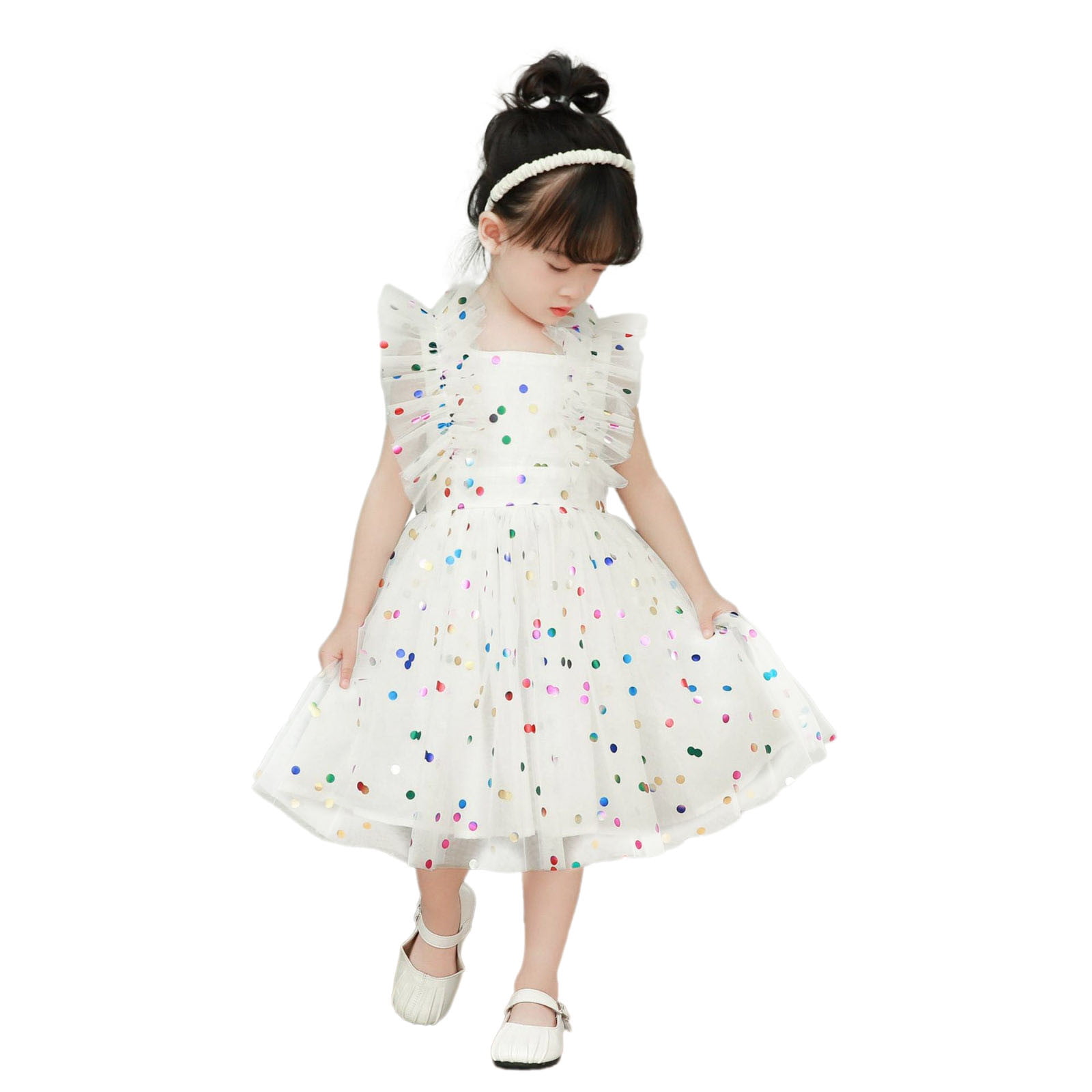 Girls Dresses Sleeveless Dot Paillette Ruffles Dance Party Clothes ...