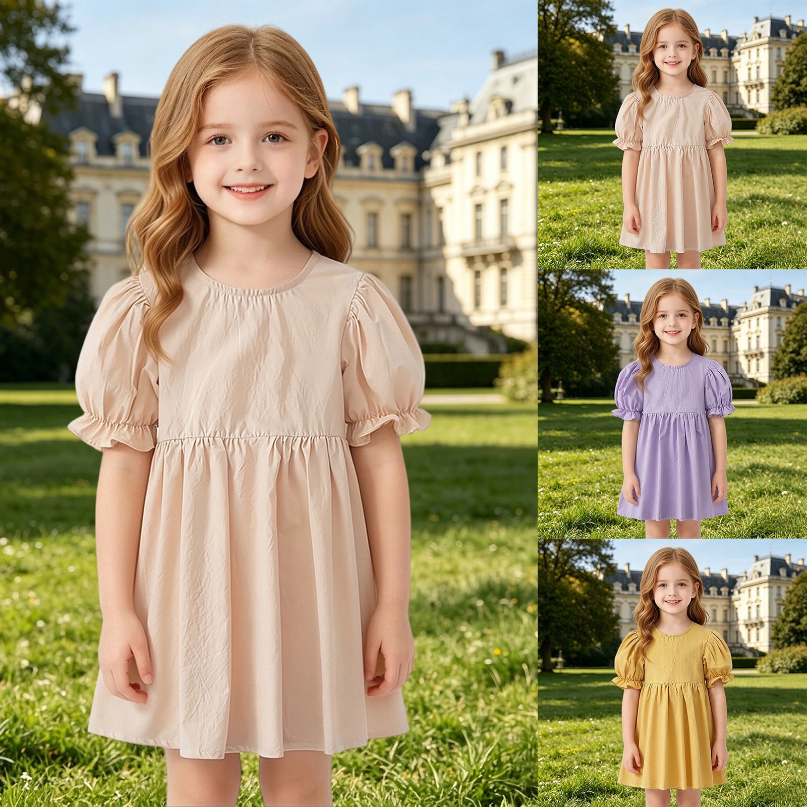 Girls Dresses Solid Color Short Sleeve Crewneck Dress Summer Casual ...