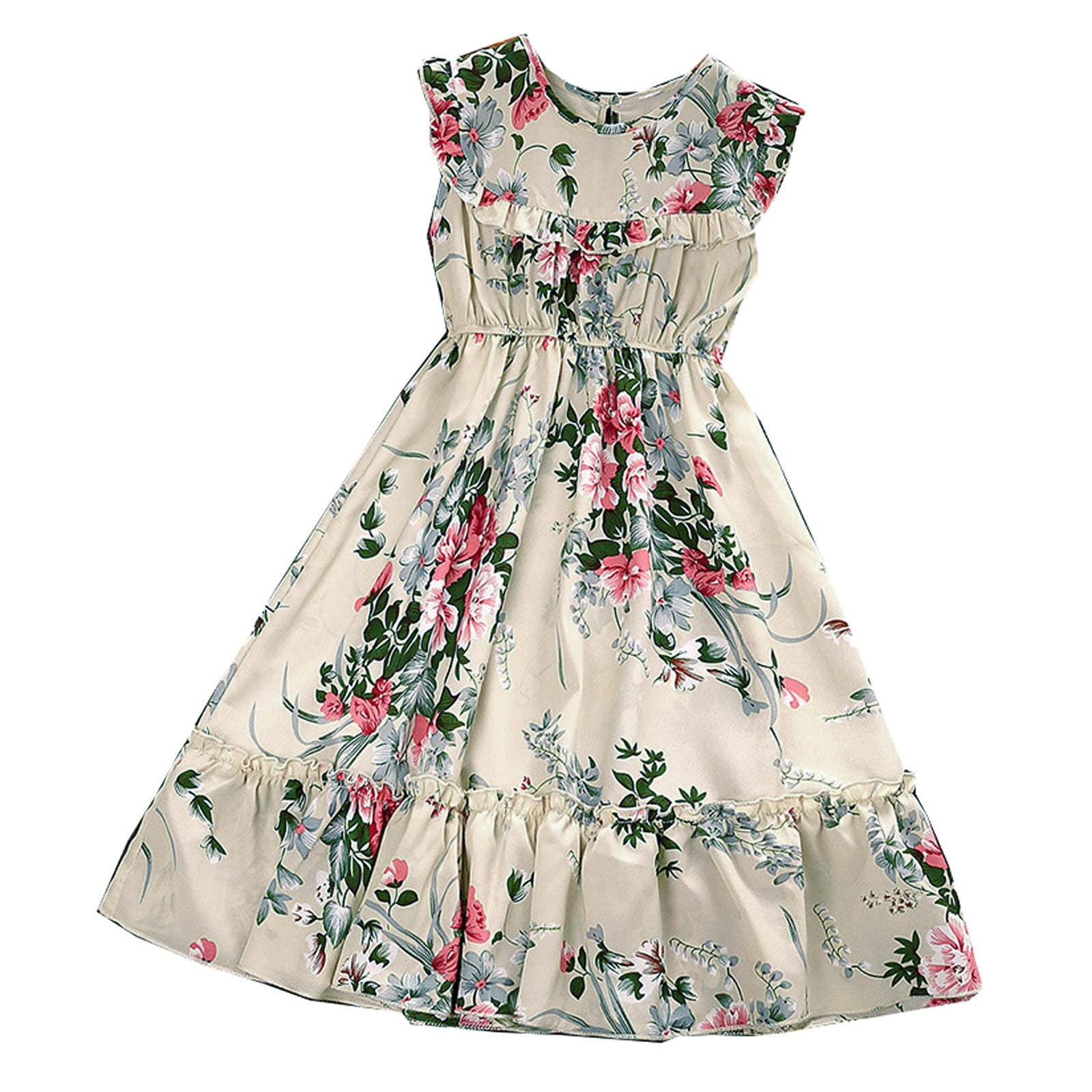 Girls Dresses Summer Sleeveless Flowers Prints Beach Sundress Party ...