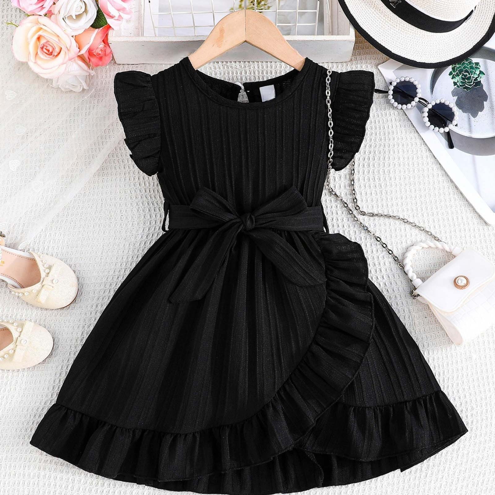 Girls Dresses Summer Solid Color Wave Stripe Flutter Sleeve Crewneck ...