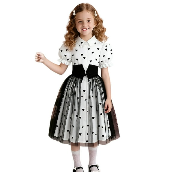 Girls Dresses with Heart Print Skirt Flutter Sleeve Party Kids Outfits ...