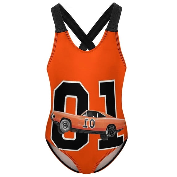 Girls Dukes Orange Car Haz-zard One Piece Swimsuits Bathing Suits Cross ...