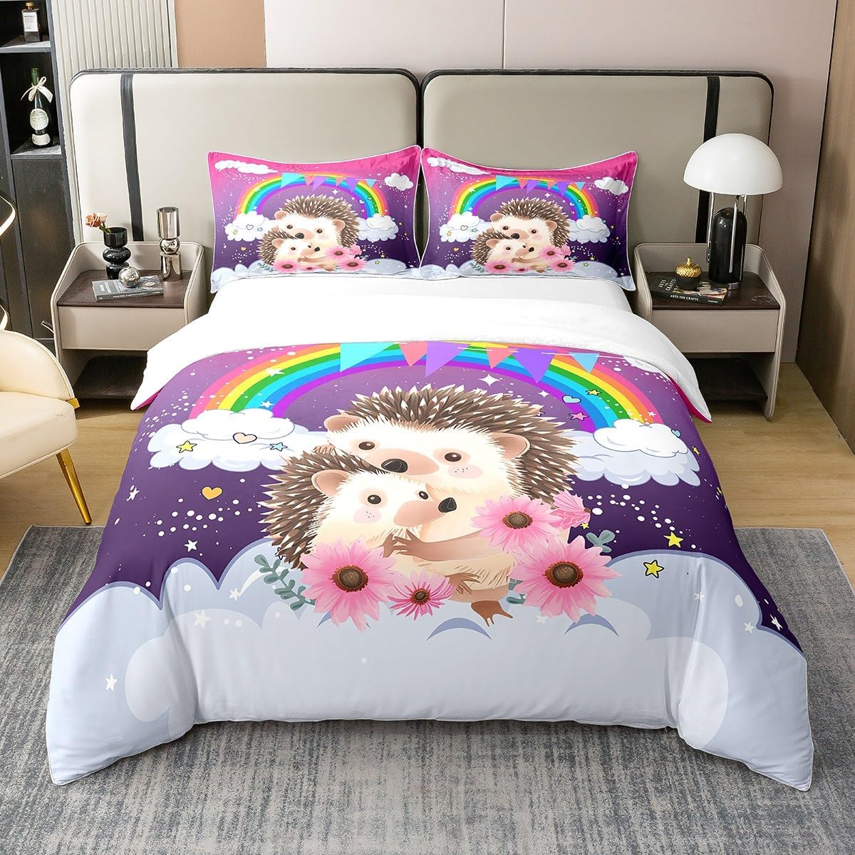 Girls Duvet Cover,Rainbow Hedgehog Bedding Set for Kids,Cartoon Animal ...