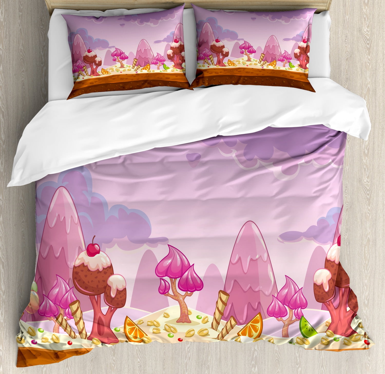 Girls Duvet Cover Set Queen Size, Cartoon Sweet Candy Land Cupcakes Ice ...