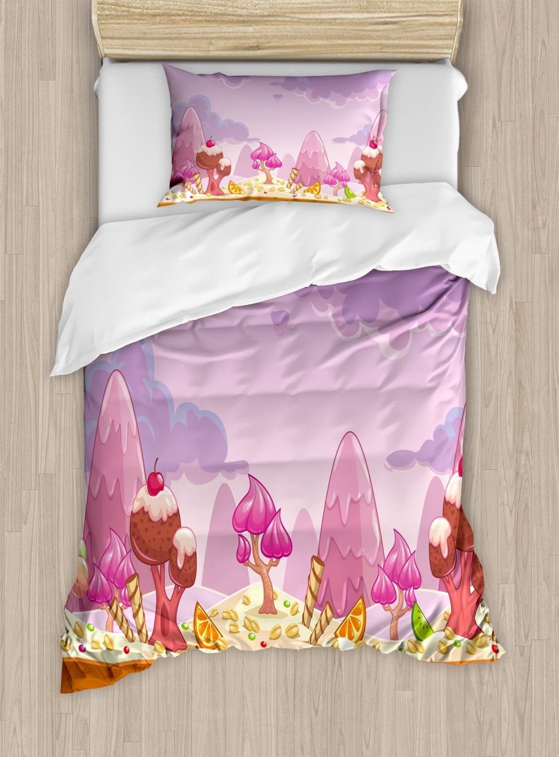 Girls Duvet Cover Set Twin Size, Cartoon Sweet Candy Land Cupcakes Ice ...