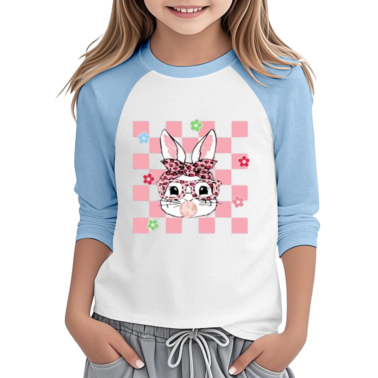 Girls Easter Bunny Print Long Sleeve T Shirt Cute Holiday Graphic Tee ...