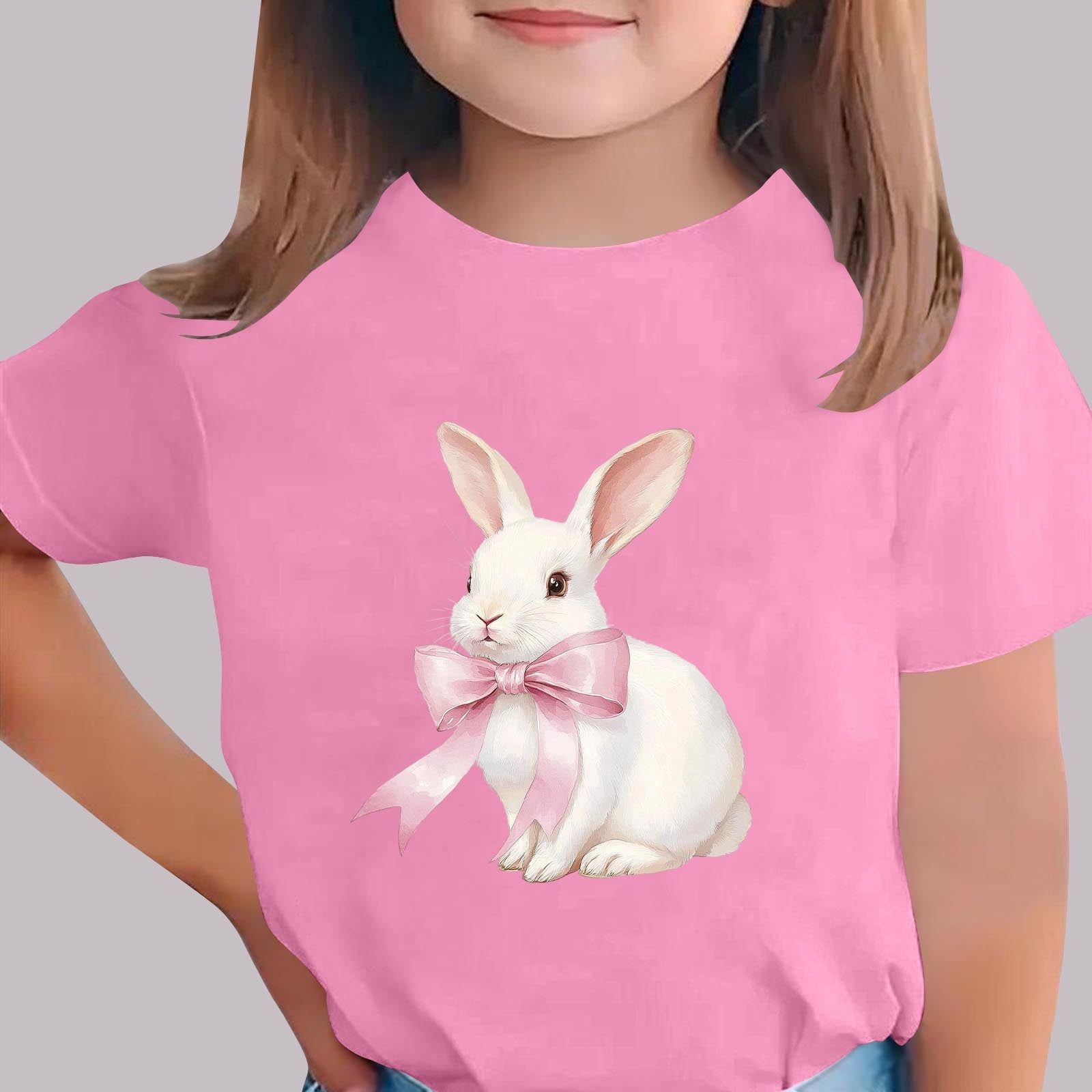 Girls Easter Bunny T-Shirt Pink Cute Kids Graphic Tee Short Sleeve ...