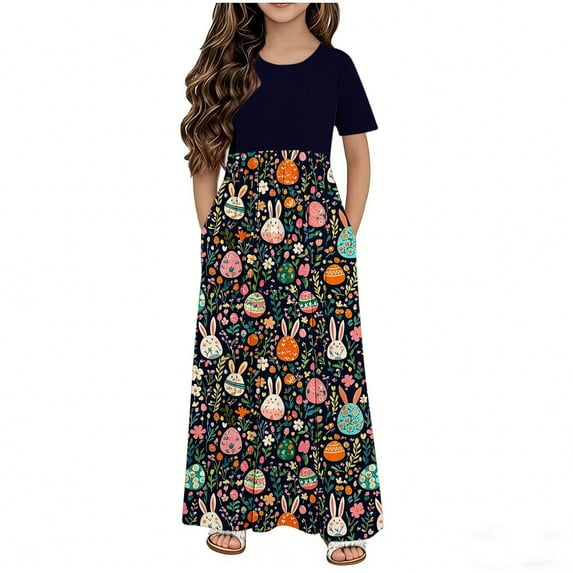 Girls Easter Dress with Pockets, Black Bunny Print Maxi Dress for Kids ...