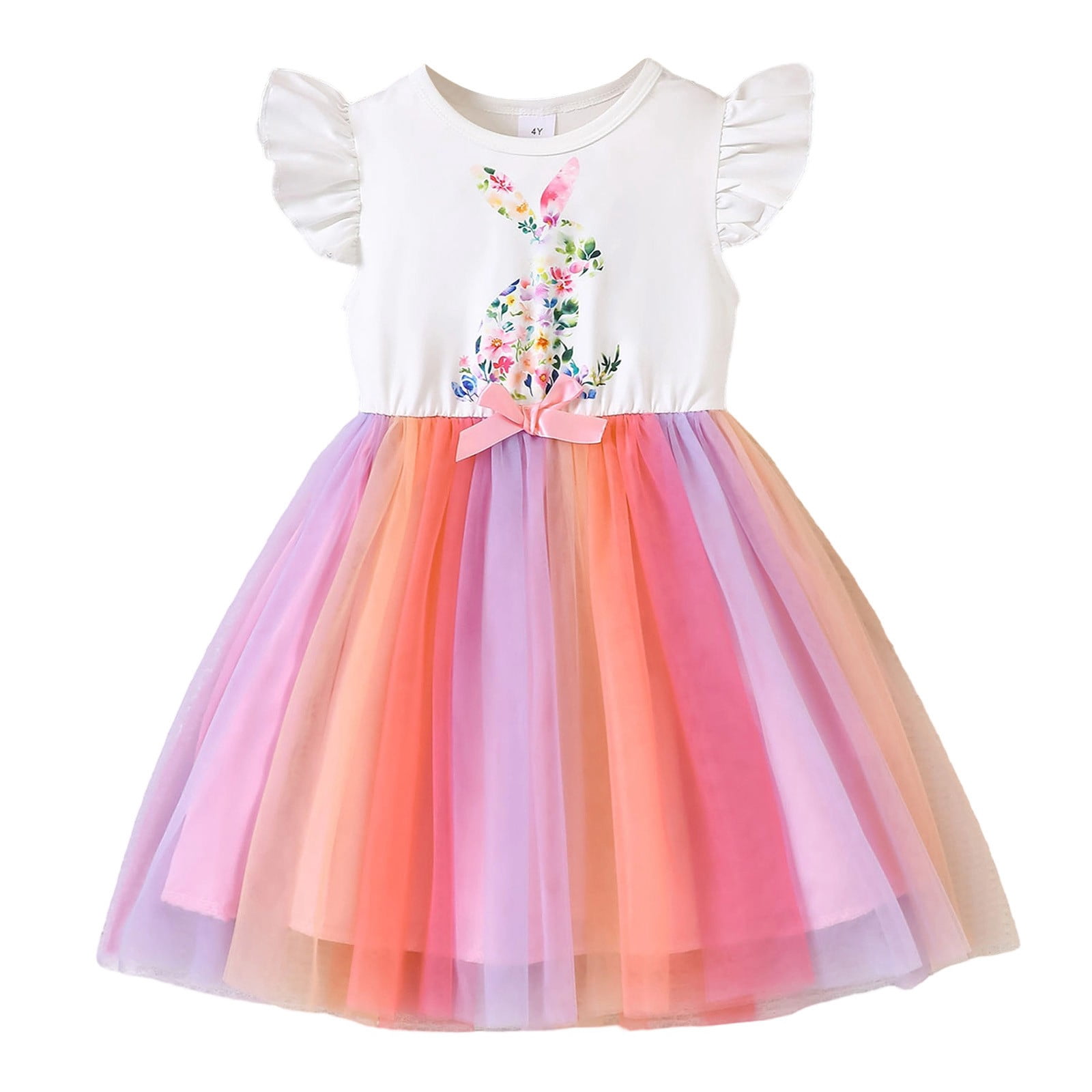 Girls Easter Floral Bunny Print Dress with Sash and Puff Sleeves Tutu ...