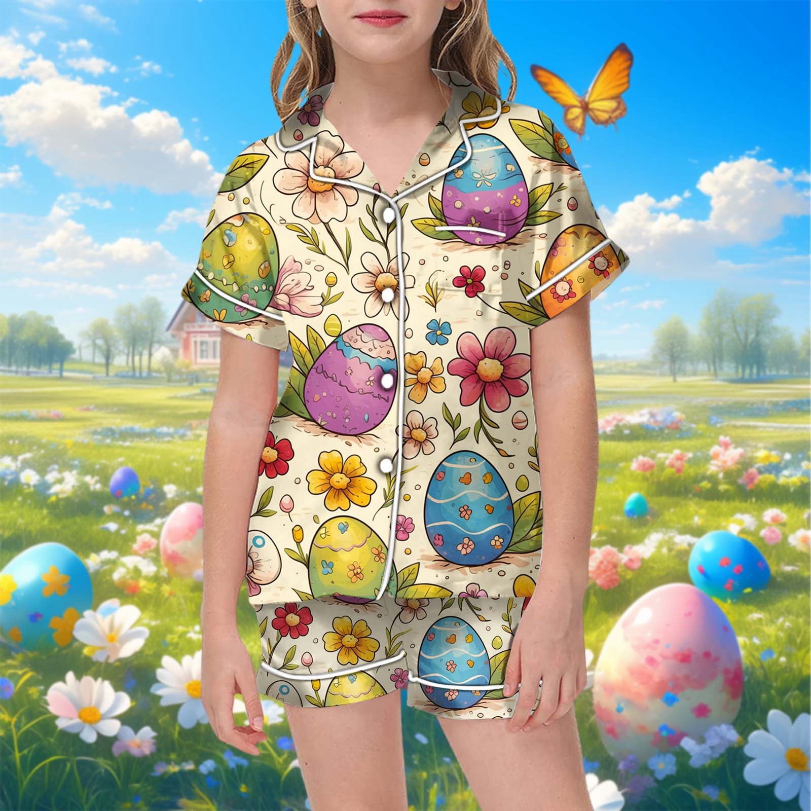 Girls Easter Pajamas Set Cute Easter Bunny Button Down Short Sleeve ...