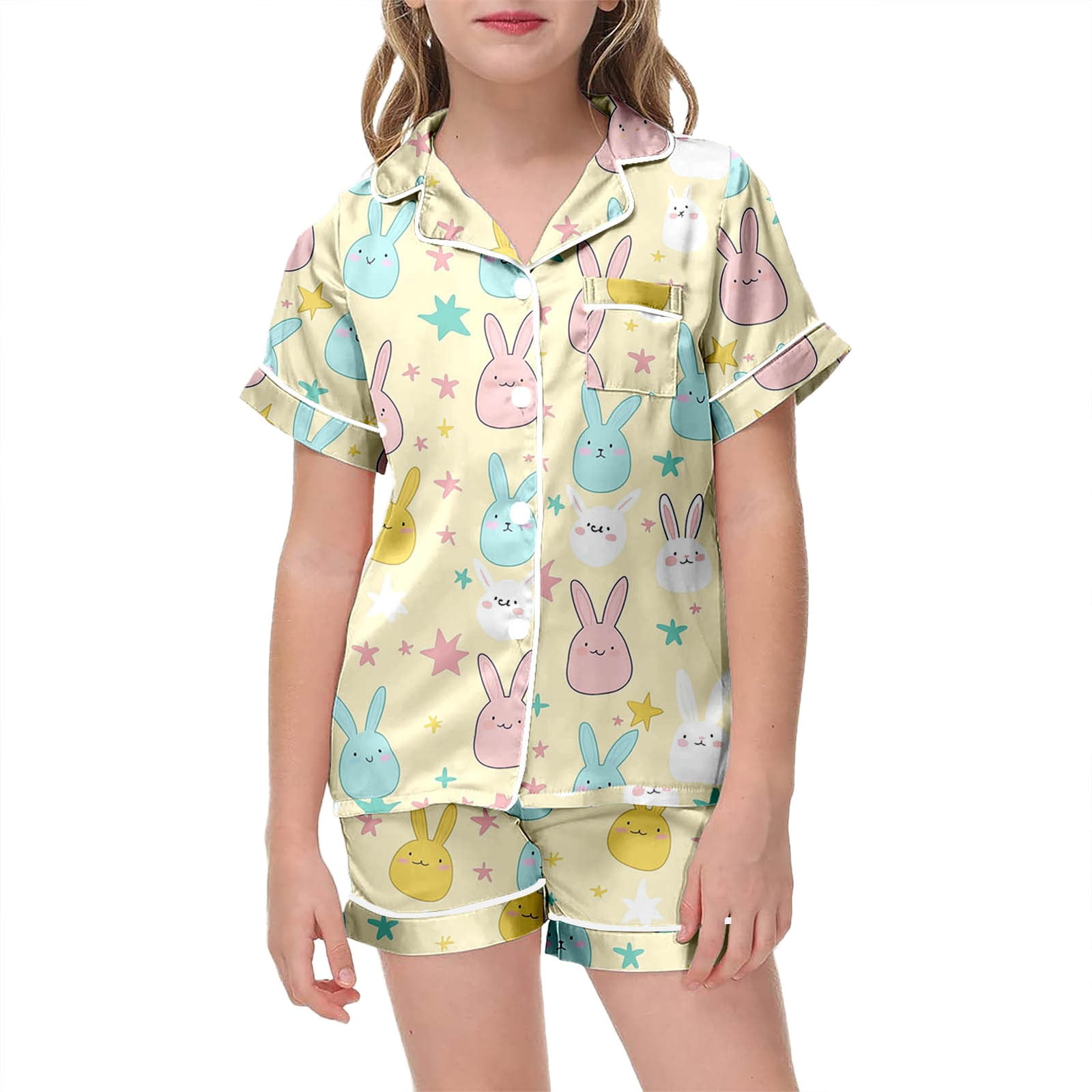 Girls Easter Pajamas Size 18 Button Down Bunny Short Sleeve Shirts and ...