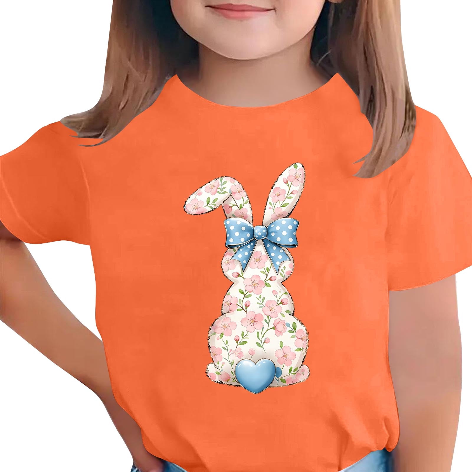 Girls Easter Shirt Bunny Graphic Tee Orange Short Sleeve Floral Print ...