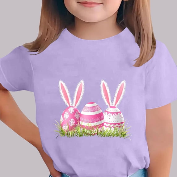 Girls Easter Shirt Purple - Kids Bunny & Egg Graphic Tee, Soft Stretch ...