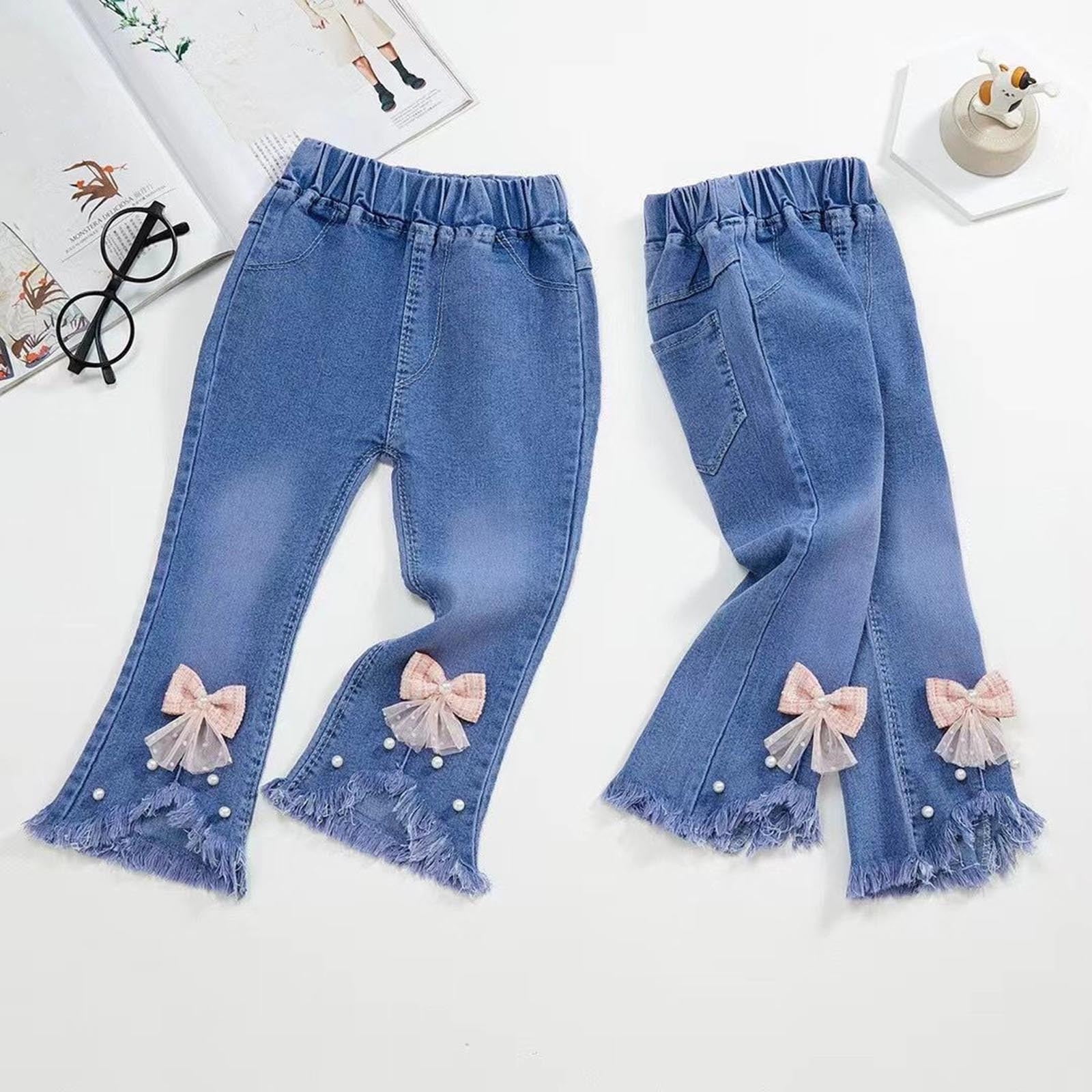 Girls Elastic Waist Jeans Flare Leg with Ruffle & Bow Sky Blue Denim ...