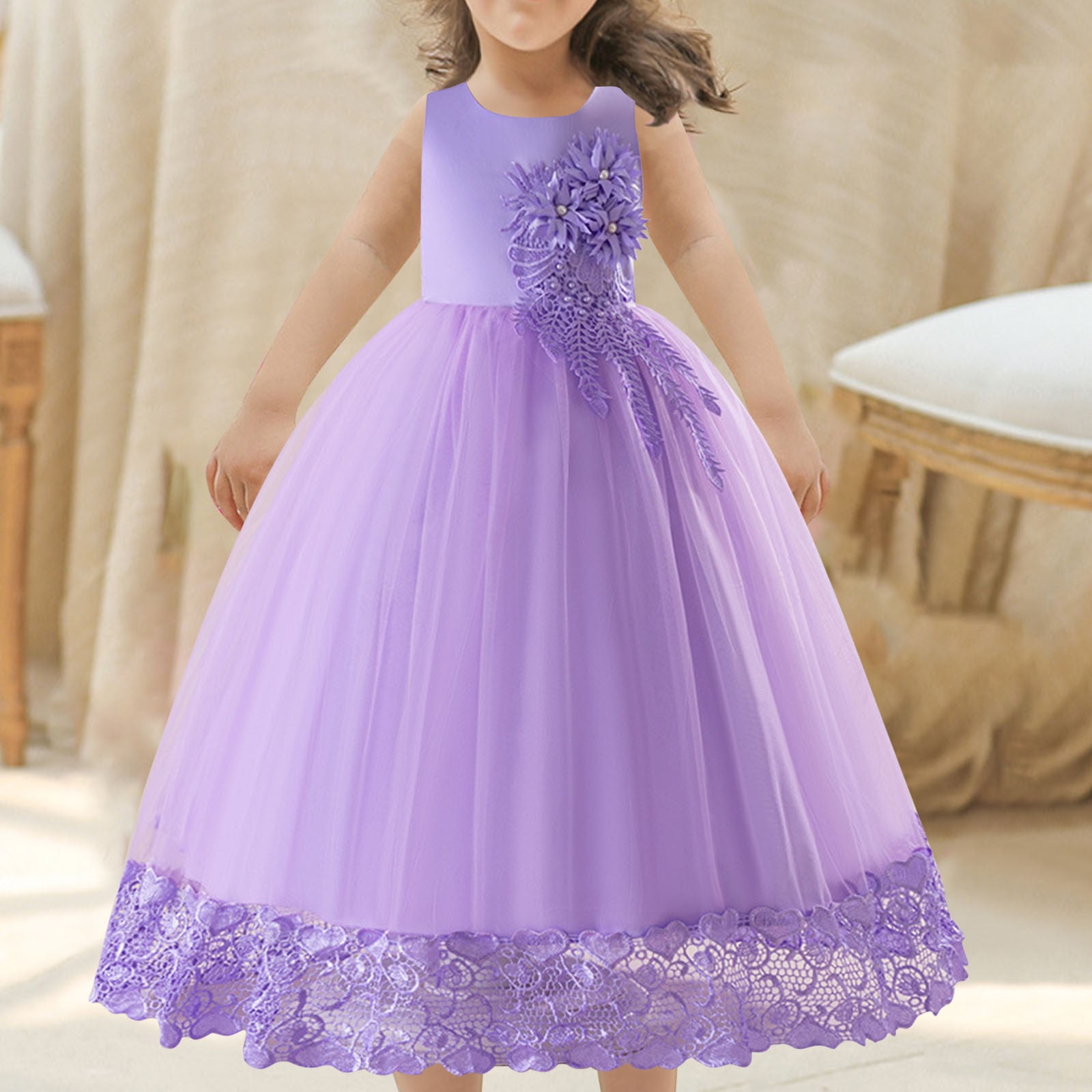 Girls Elegant Floral Lace A-line Dress Children's Formal Long Floral ...