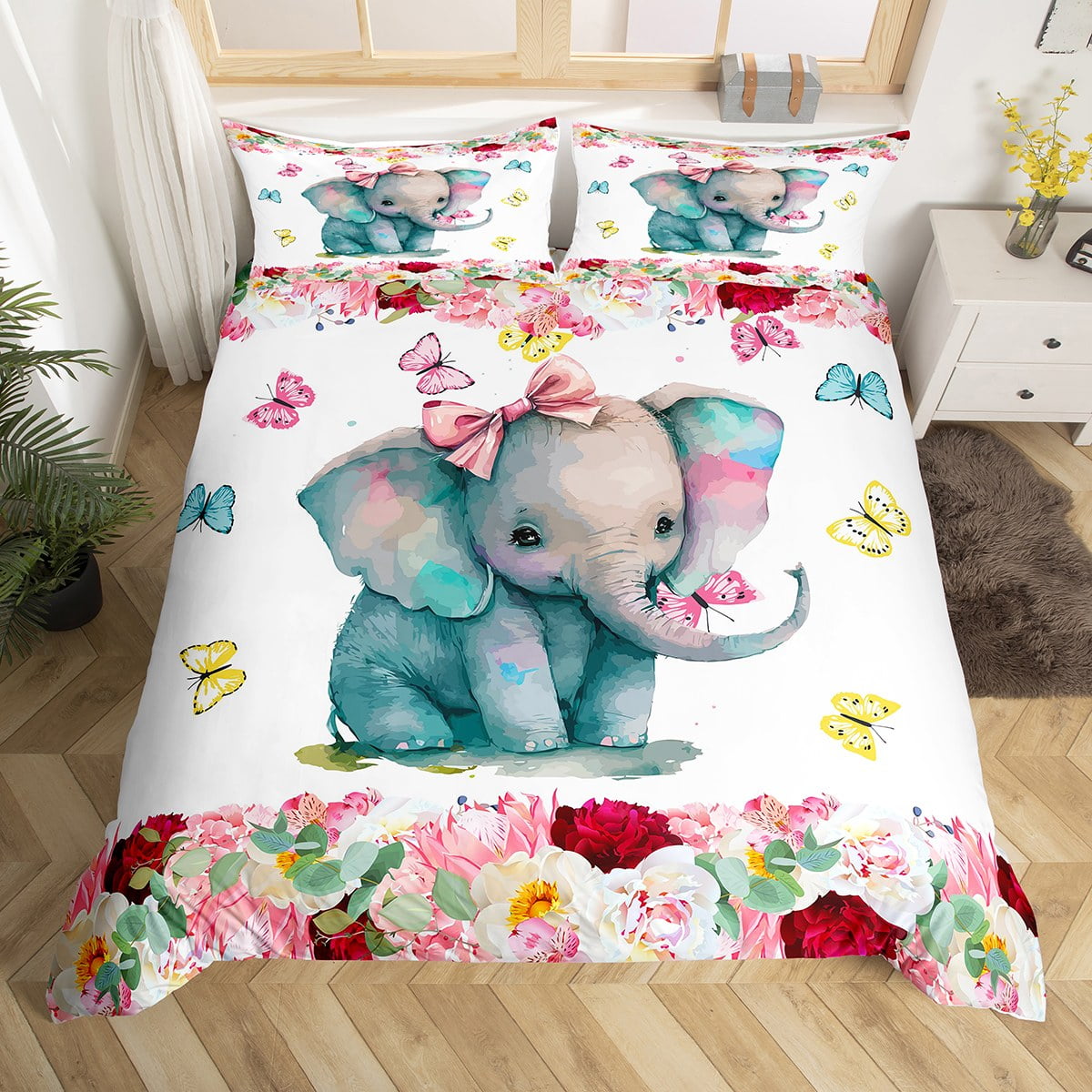Girls Elephant Comforter Cover Cute Animal Duvet Cover King Size for ...